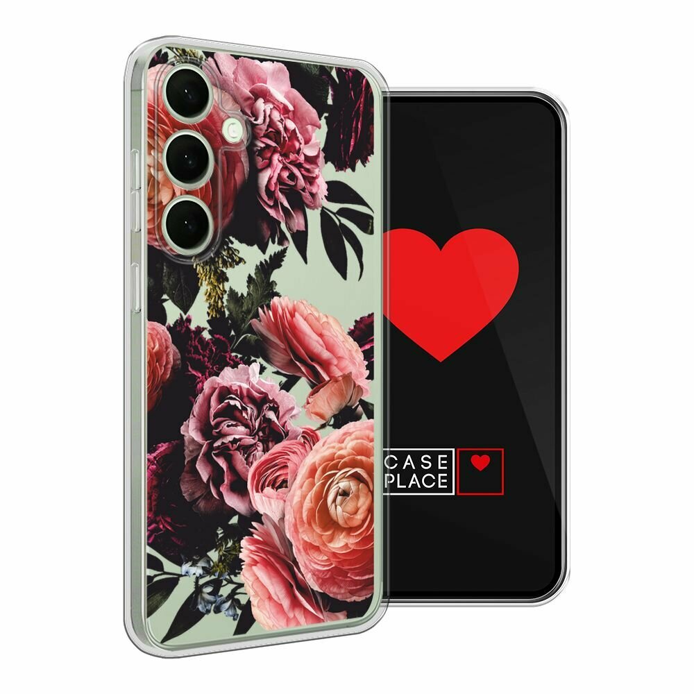 Чехол на Samsung Galaxy S25 Plus / Самсунг S25 Плюс с принтом "Бордовые винтажные цветы", прозрачный — фото 1