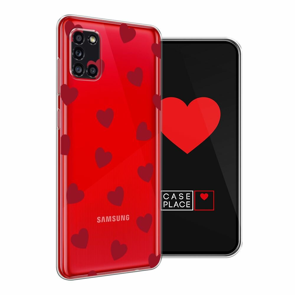 Чехол на Samsung Galaxy A31 / Самсунг Галакси А31 с принтом "Бордовые сердечки паттерн - 14 февраля", прозрачный — фото 1