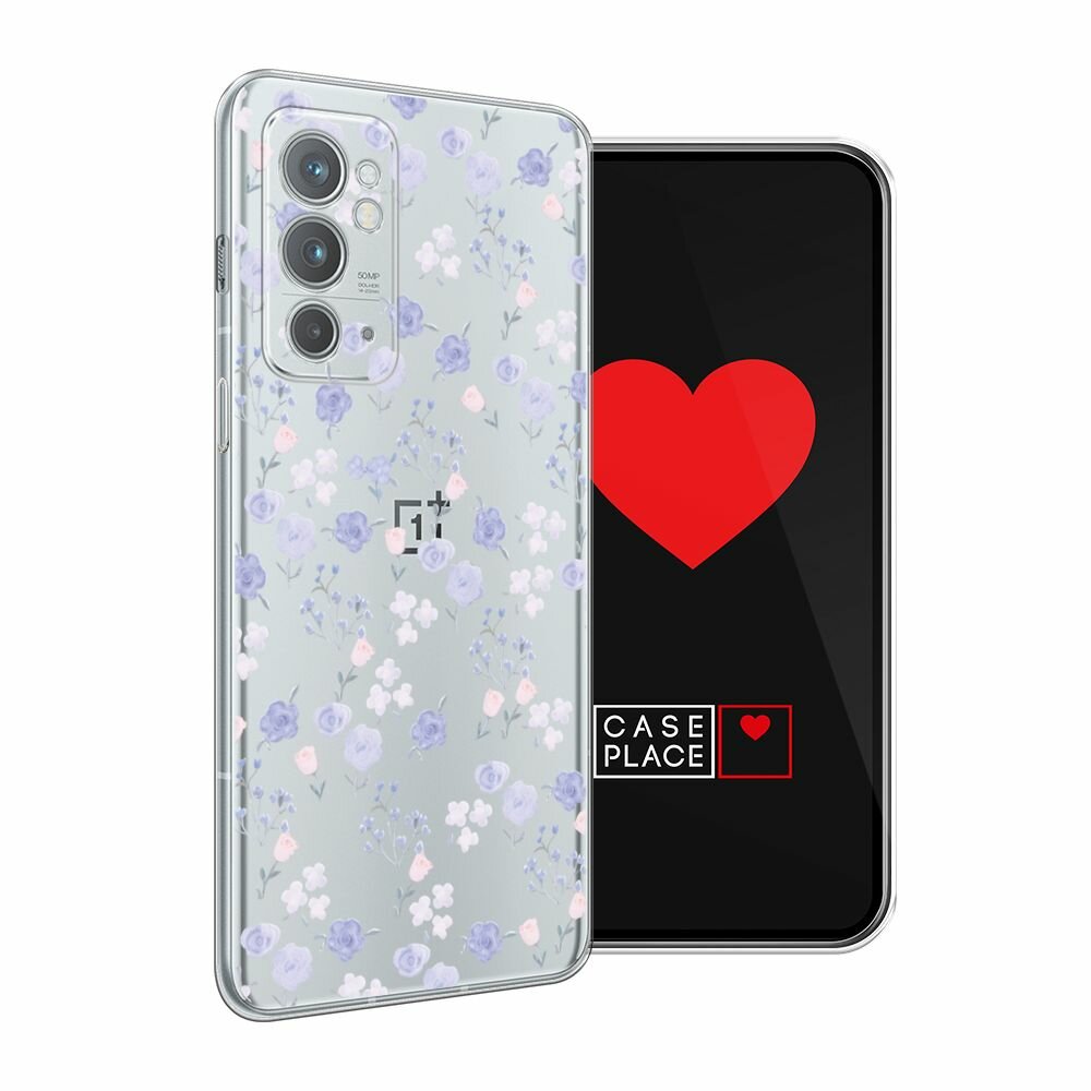 Чехол на OnePlus 9RT / ВанПлас 9RT с принтом "Сиреневые розы паттерн", прозрачный — фото 1