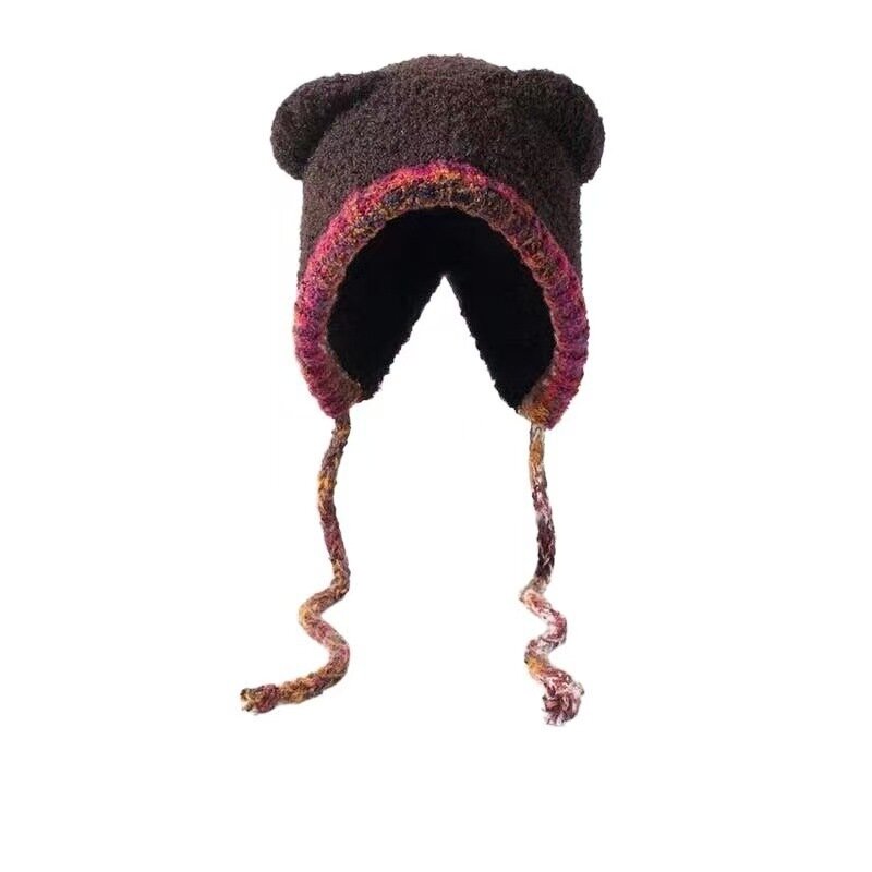 Милая вязаная пуловерная шапка с ушками плюшевого мишки для женщин на осень и зиму, теплая шерстяная шапка с большой окружностью головы, защита ушей