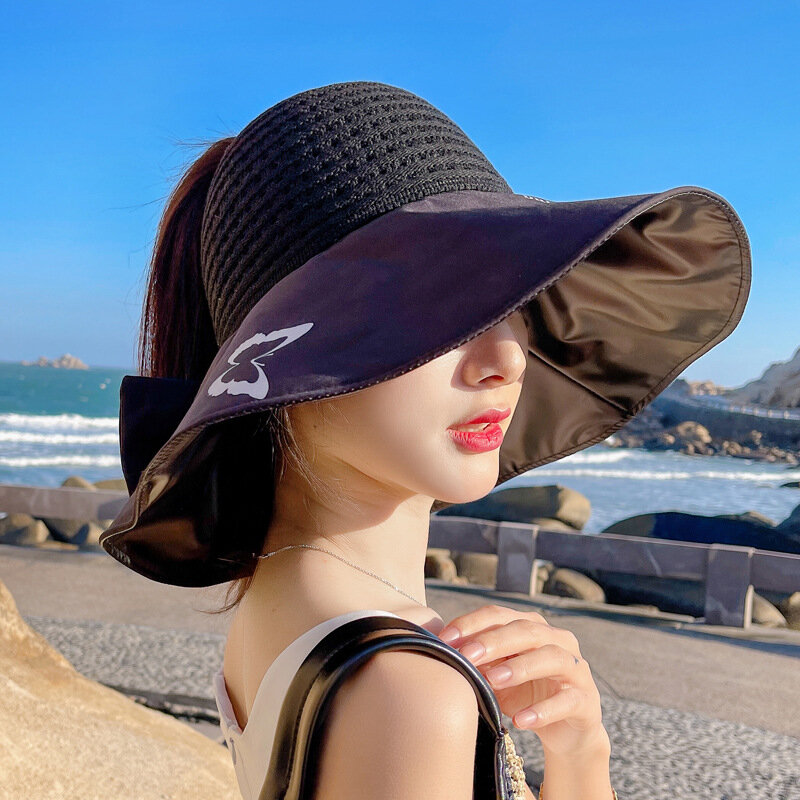 Шляпа женская летняя защита от солнца черная пластиковая шляпа от солнца с большими полями анти-УФ-защита лица пустой верхний солнцезащитный козырек для отдыха на открытом воздухе универсальный