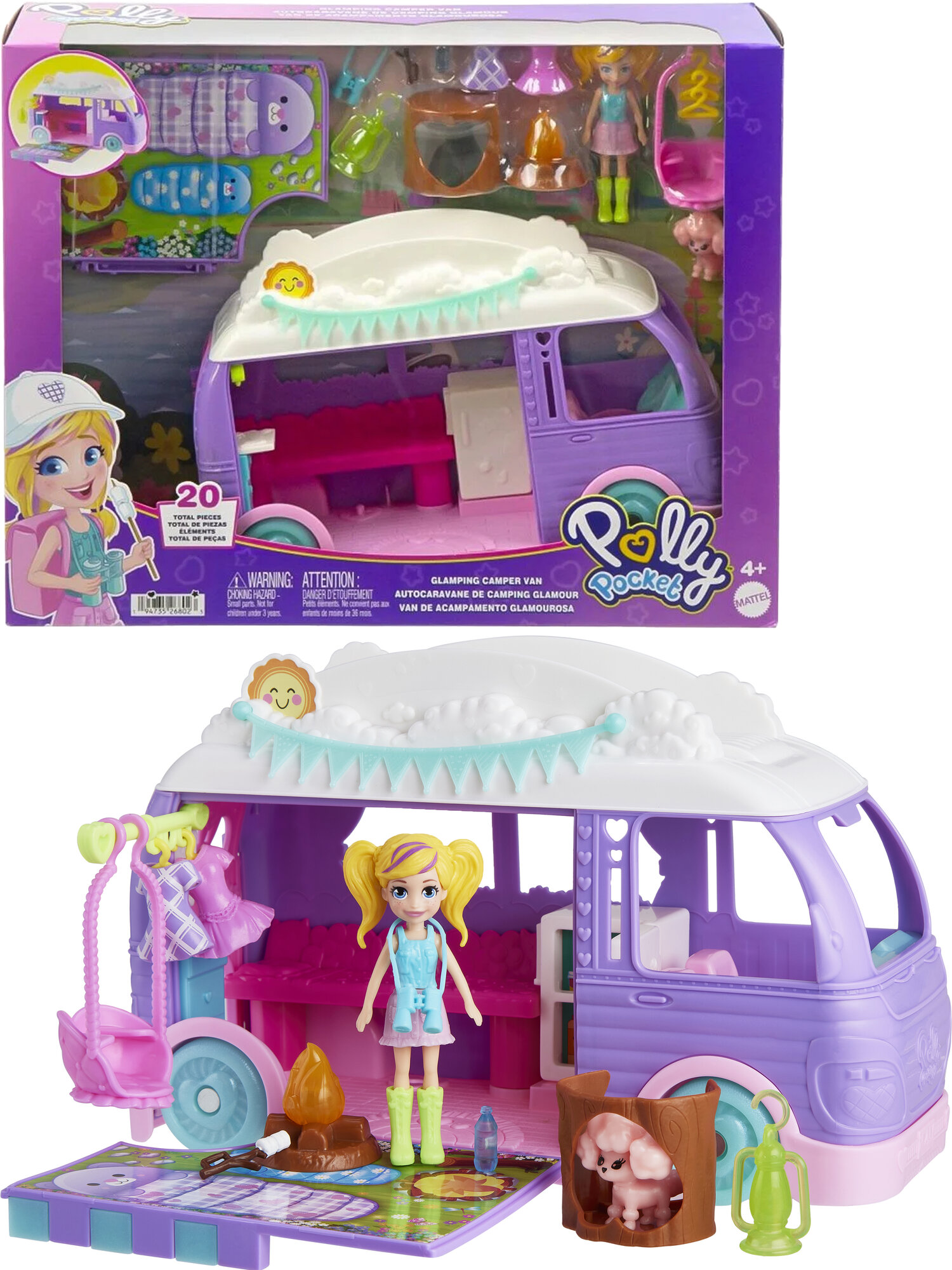 Полли Покет Глэмпинг Кемпер Фургон, набор для игр с куклами и домашними животными, аксессуары для кемпинга и еды, игрушка для путешествий