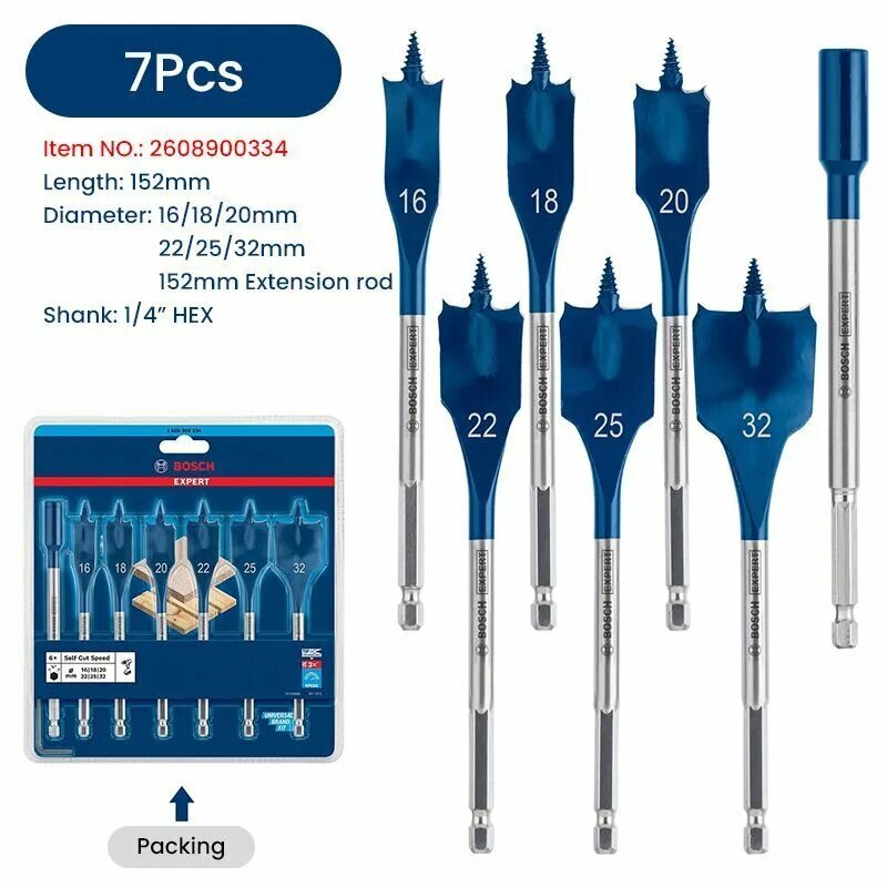 Сверла Bosch Expert Сверла по дереву Самонарезающая резьба, 16/18/20/22/25/32 мм и 152 мм Удлинительные стержни