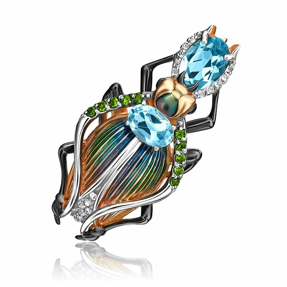 Брошь, красное золото, 585 проба, топаз, хромдиопсид, эмаль