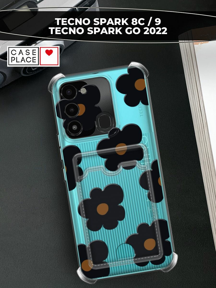 Чехол на Tecno Spark Go 2022/8C/9 (Текно Спарк Го 2022/8C/9) с картой и принтом Много темных цветочков