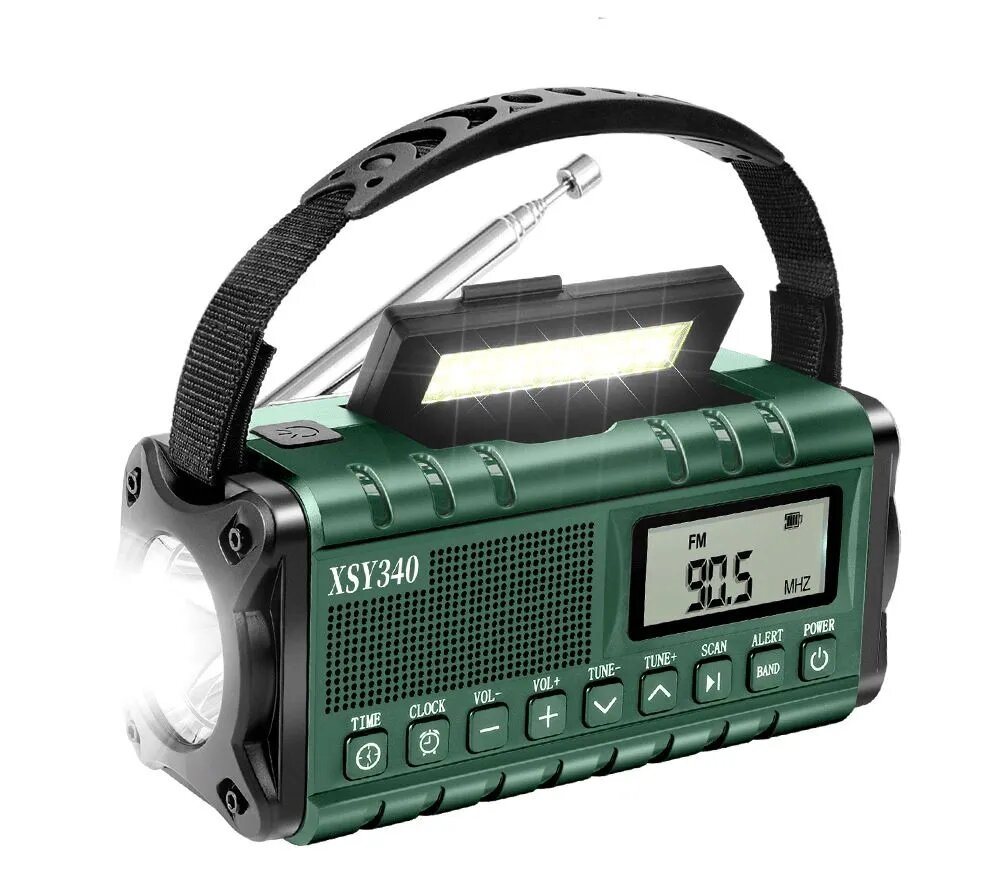 Динамофонарь XSY340 Green Solar Hand Crank Emergency Radio Flashlight FM/AM Radio with Earphone — фото 1