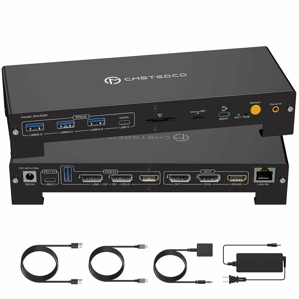 Displayport KVM Switch 3 монитора 2 компьютера 4K, HDMI USB C KVM Switch Док-станция с двумя или тремя общими мониторами для ноутбуков и настольных компьютеров Thunderbolt 3