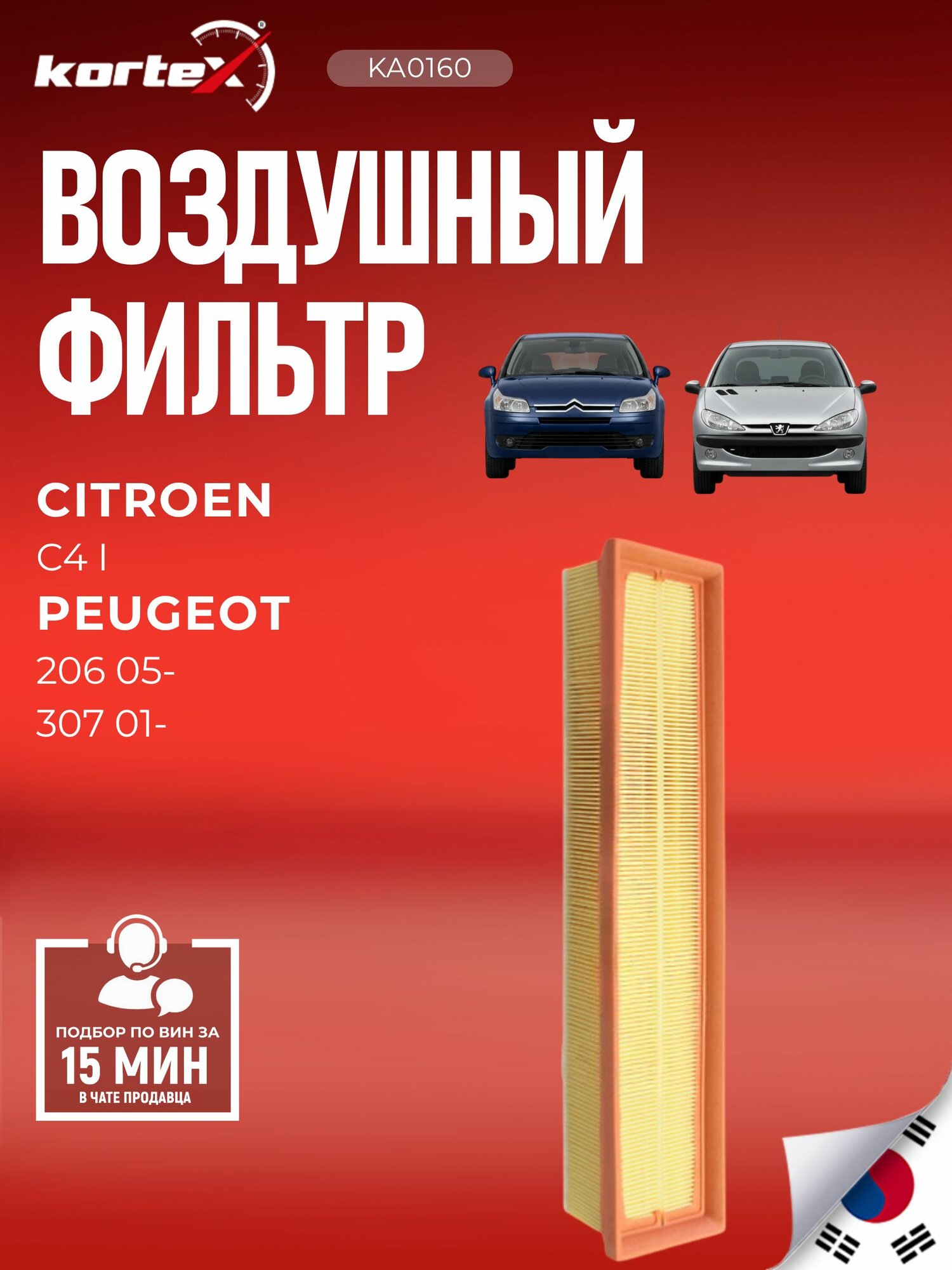 Фильтр воздушный Citroen Ситроен C4 Peugeot Пежо 206 307 Partner C43711 1444VK 1444FF 1444FE 9650608480 1444PR