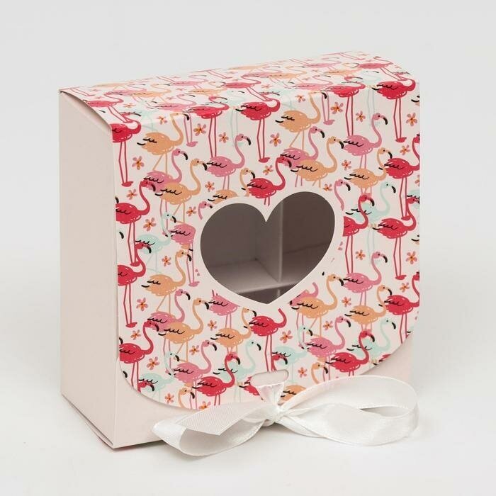 !09 Подарочная коробка (набор 4 штуки) сборная с окном "Фламинго на белом" 11,5 х 11,5 х 5 см.