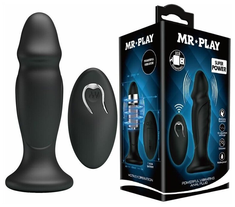 Анальная втулка с 12 режимами вибрации Mr Play - 12,4 см, Baile, черный