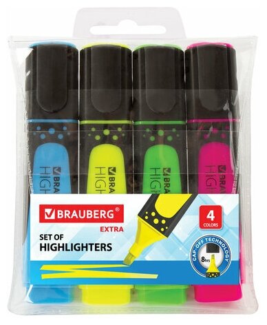 Набор текстовыделителей BRAUBERG 4 шт, Ассорти, "SUPER", прорезиненный корпус, линия 1-5 мм, 151746