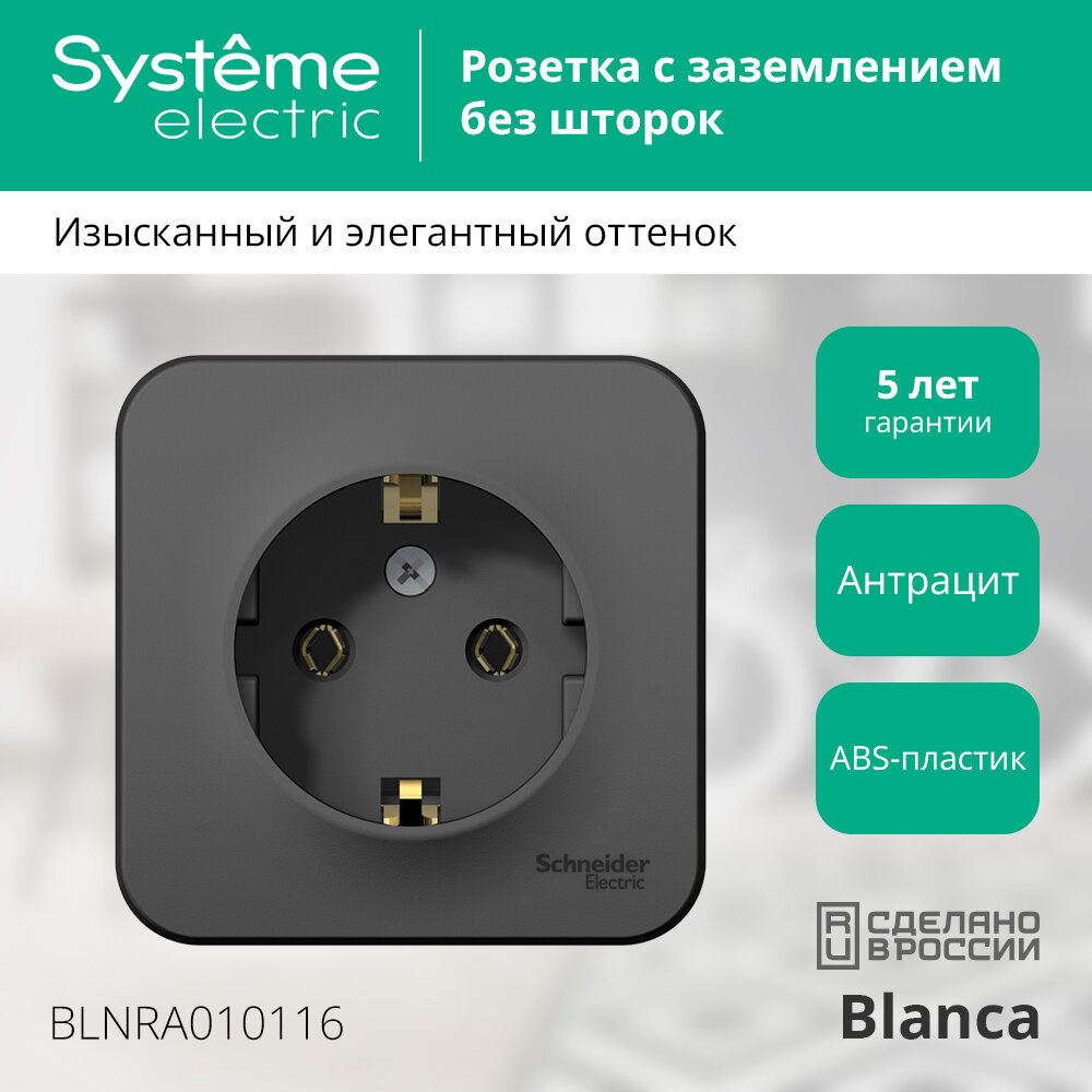Розетка с заземлением без шторок Schneider Electric Blanca для открытой проводки антрацит (комплект из 2 шт)