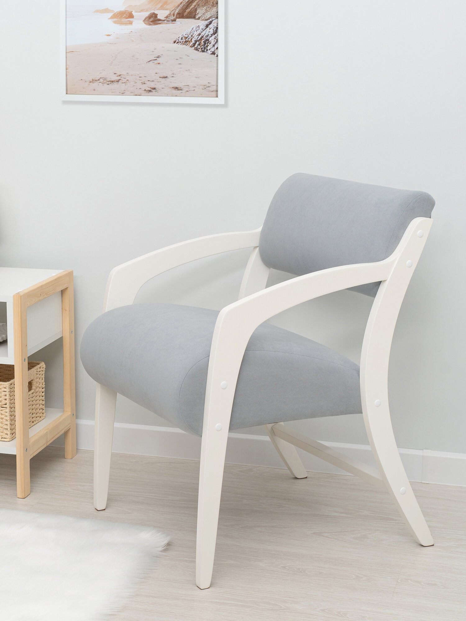 Стул кресло Комфорт мягкий с подлокотниками, велюр серый/молочный