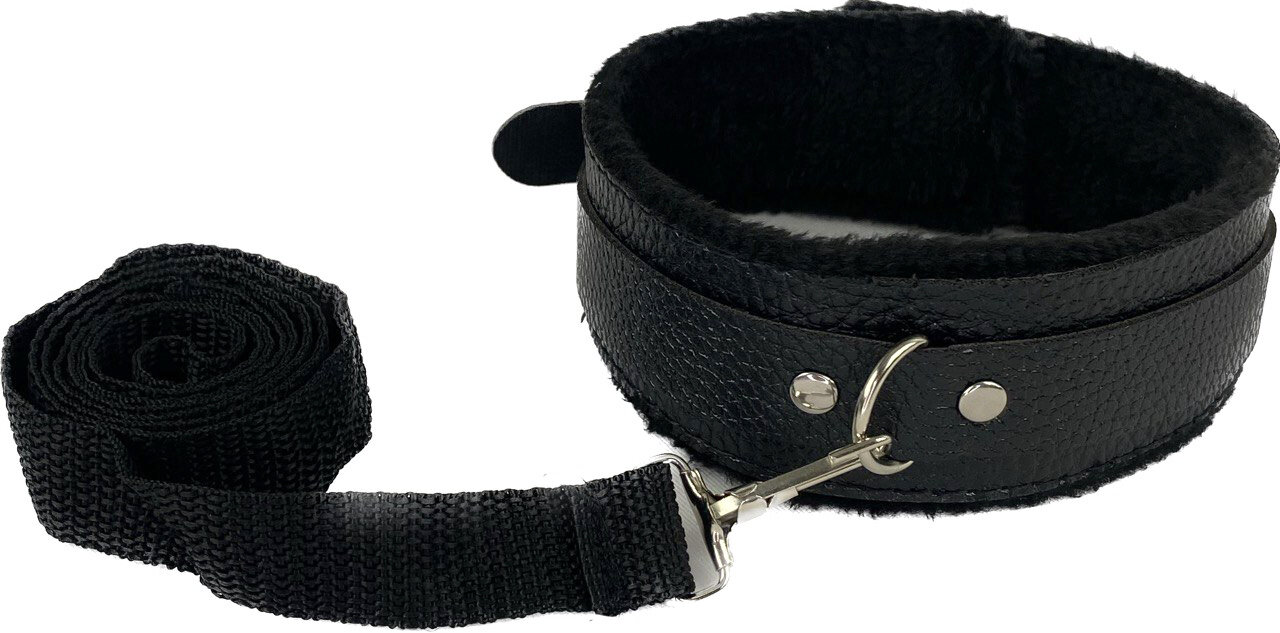 Черный ошейник с мехом БДСМ из искусственной кожи с мягким меховым подкладом для комфорта