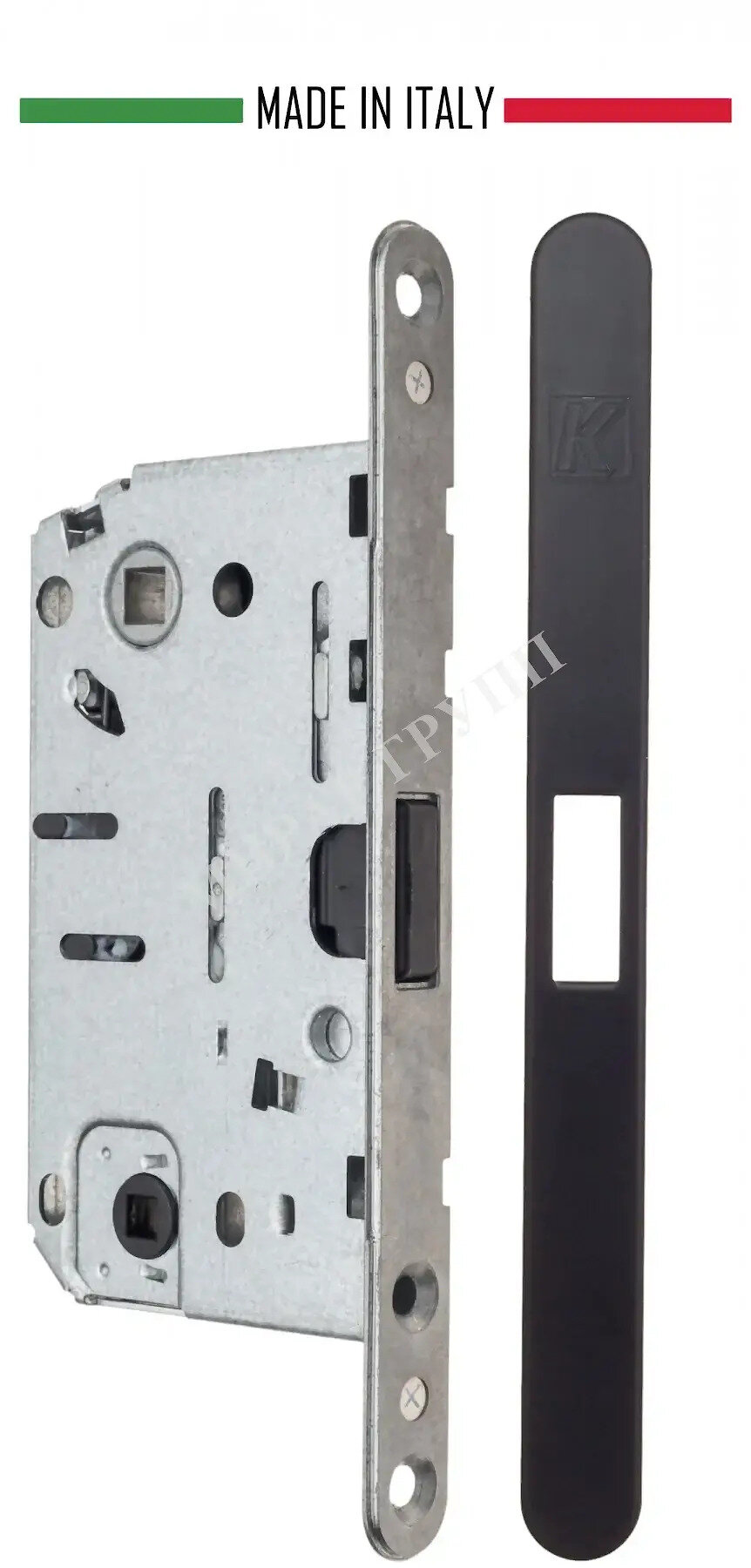 KM.003. CM. A.4. COV. XX Замок супертихий межкомнатный магнитный KOBLENZ WC96 под завертку с отв. планкой с плавным возвратом ручки в исх. п. черный