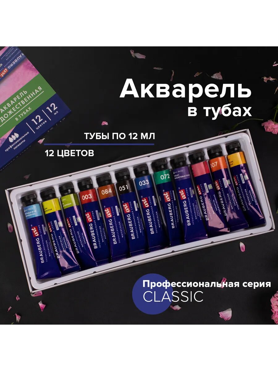 Акварель художественная в тубах 12 цветов
