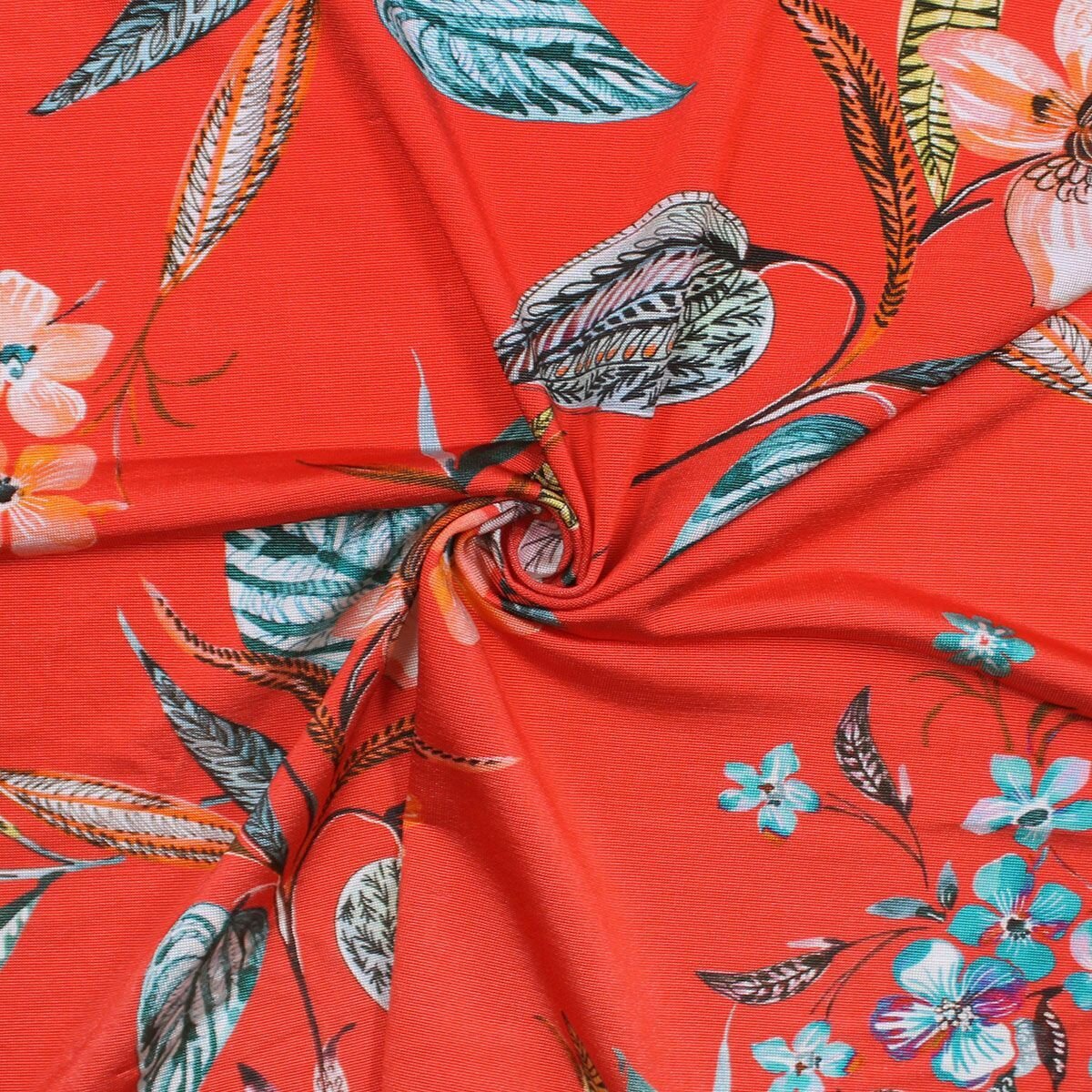 Трикотажная ткань красная цветочный принт, 1,35х2м