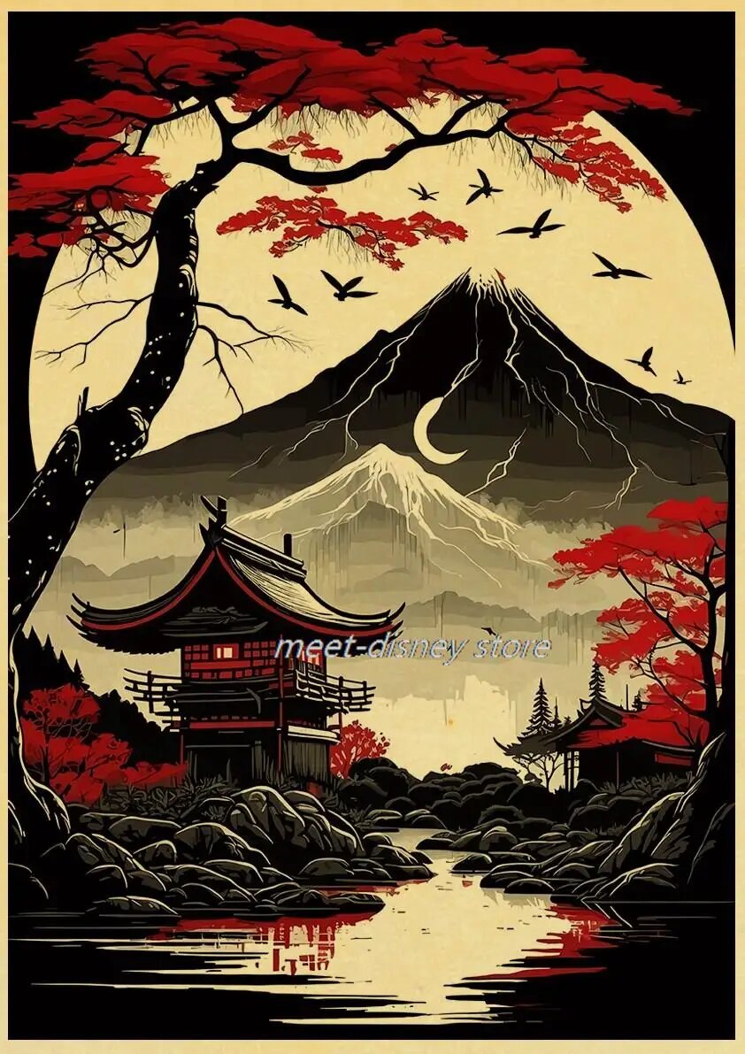Red Moon Japanese Architecture Poster snapseed L296, 42X30cm