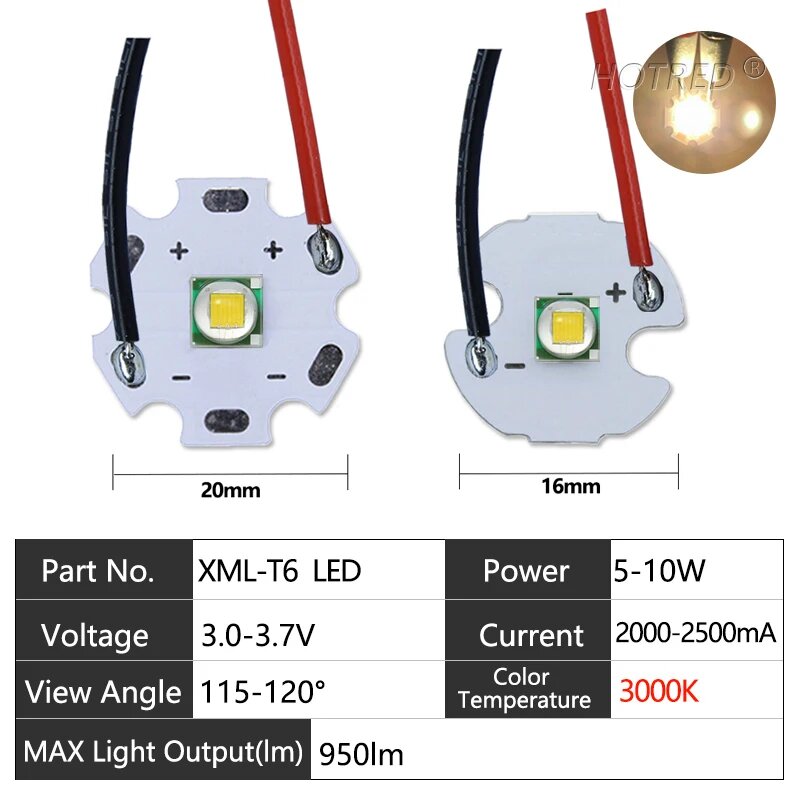 Светодиоды HotRed XLM T6 XMLL2 5050 T6-Warm White, 16mm Led With Wire