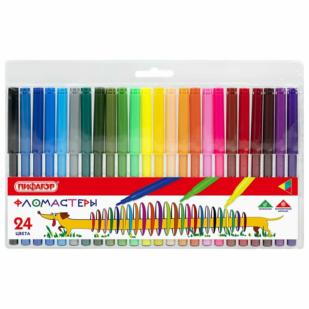 Набор фломастеров 24 цвета Пифагор "Веселая такса" (линия 1мм, смываемые) пвх-упаковка, 12 уп.