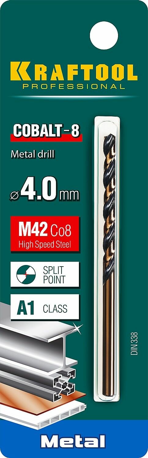 KRAFTOOL COBALT-8, 4.0 х 75 мм, сталь М42, HSS-Co(8%), сверло по металлу (29656-4)