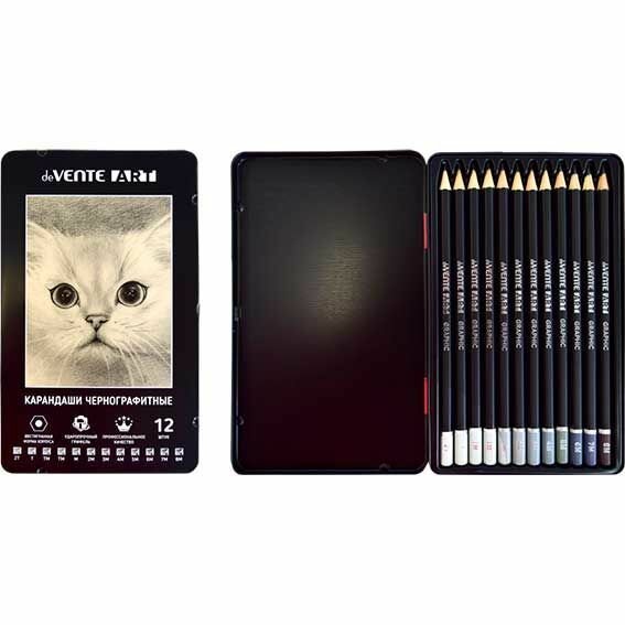 Карандаши deVENTE "Art", чернографитные шестигранные, черный корпус, 2Т-8М, 12 шт (5030404)