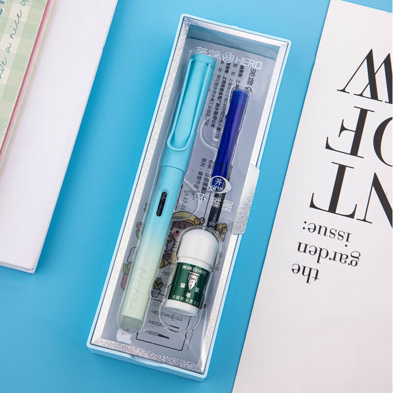 HERO Fountain Pen 1359 Summer Succulent Series Fine Nib Thermal Erasable Student Pen for Boys and Girls Beginners Third Grade Writing Posture Ink Pen EF Nib Gradient Blue