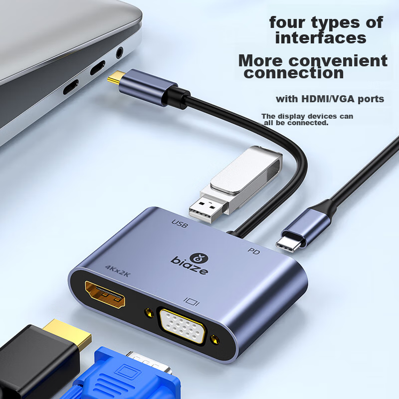 Biaze Type-C Expansion Screen, USB-C to HDMI And VGA/USB3.0/PD Converter, Thunderbolt 3 Adapter, 4K Screen Mirroring Dock, for Apple And Huawei Computers