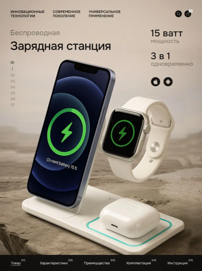 Беспроводная зарядка 3в1 для андроид и айфон с быстрой зарядкой