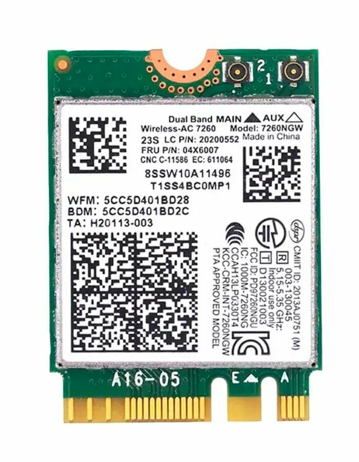 Адаптер M.2 WiFi Intel Dual Band Wireless-AC 7260NGW. AC (B/G/N/AC, 867 Mbit/s, 2.4/5Ghz) / BТ 4.0