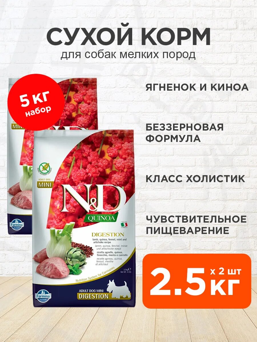 Корм сухой Farmina Dog N&D Grain Free Quinoa Adult Mini Digestion Lamb для мелких собак с ягненком, 2,5 кг х 2 шт