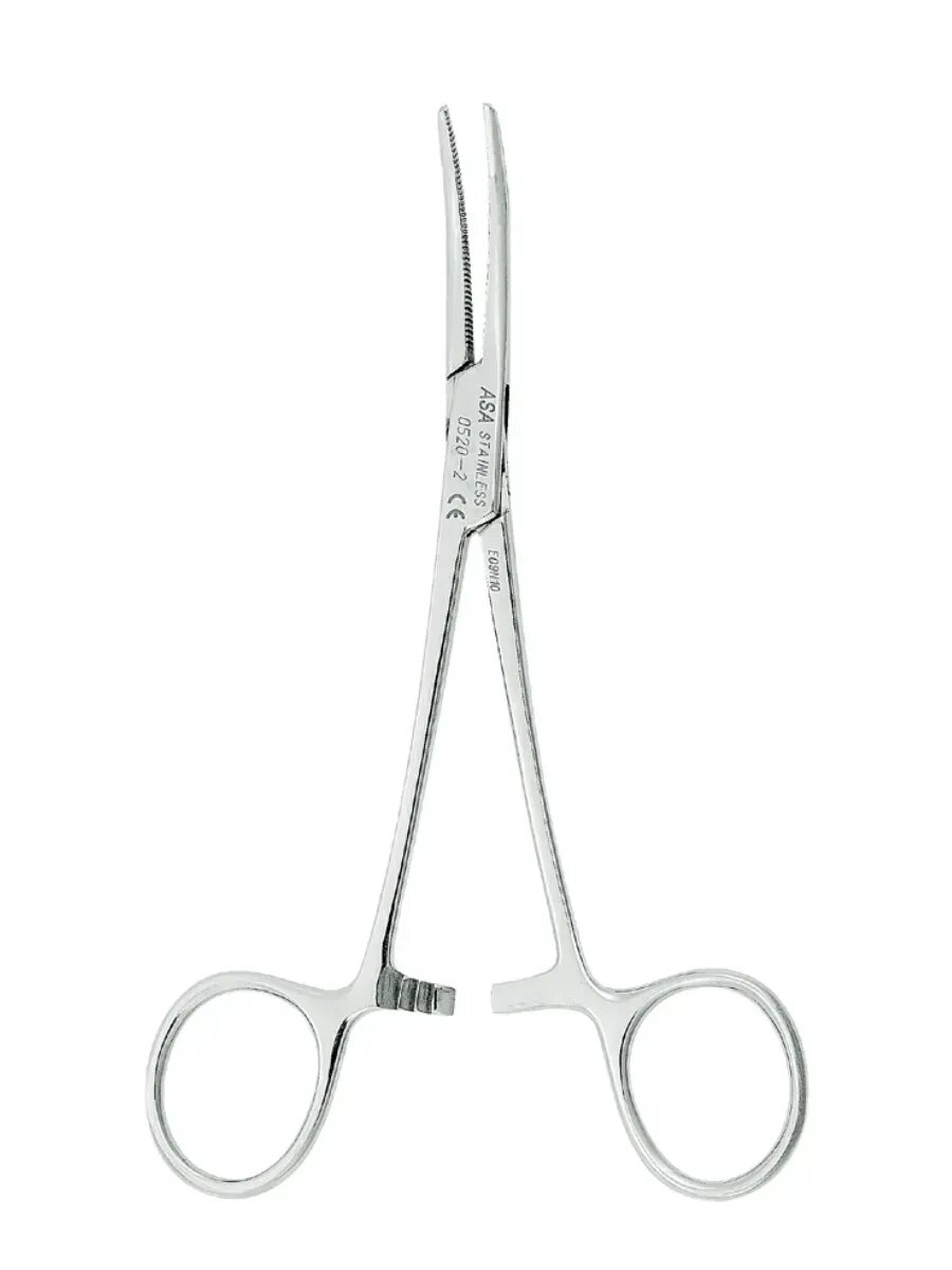 Зажим "Москит" изогнутый по плоскости , 14 см (3 см зубчики)