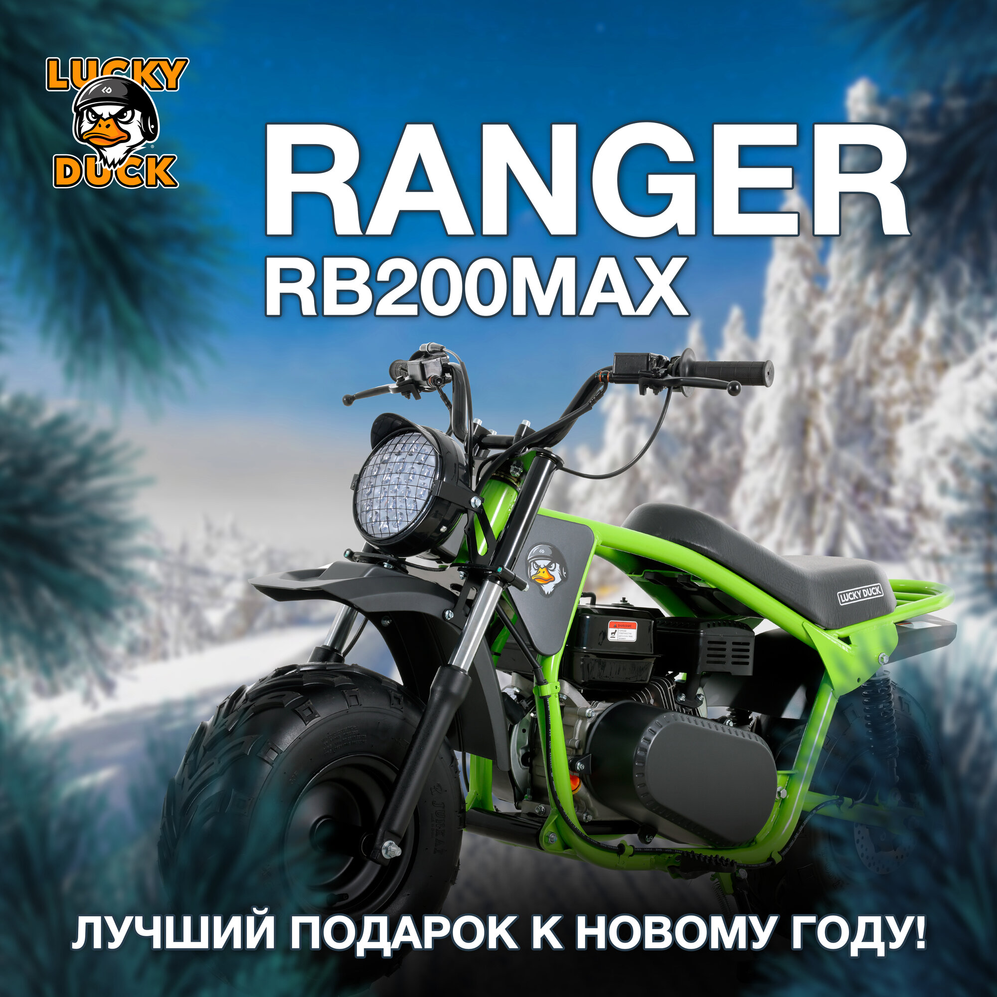 Минибайк Lucky Duck Ranger RB200MAX, 196см³, вариатор, дисковые тормоза, задний амортизатор, зеленый