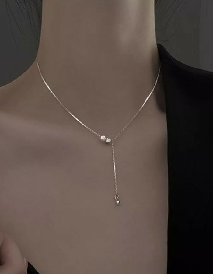 Колье, жемчуг имитация, циркон