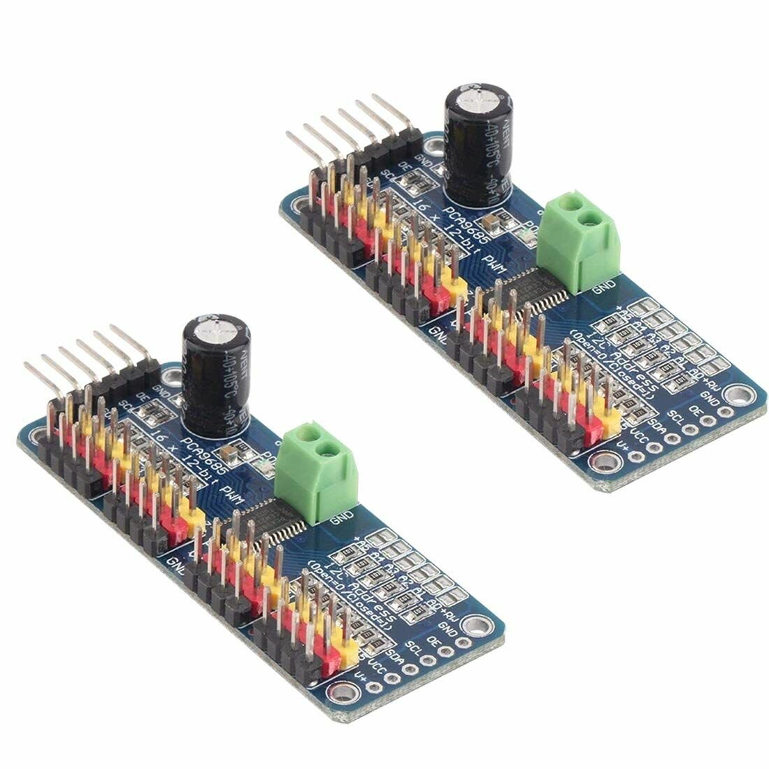 Комплект из 2 плат драйвера сервоприводов PCA9685 (шина I2C, 16 каналов)