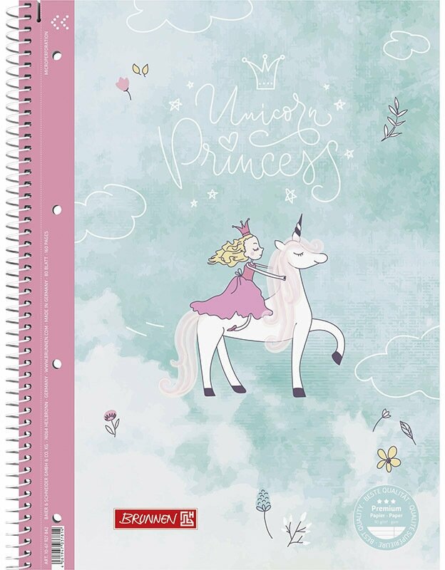 Тетрадь в линейку на пружине "Принцесса и единорог", 90 гр/м2, А4, 80 листов, Brunnen (пр-во Германия)