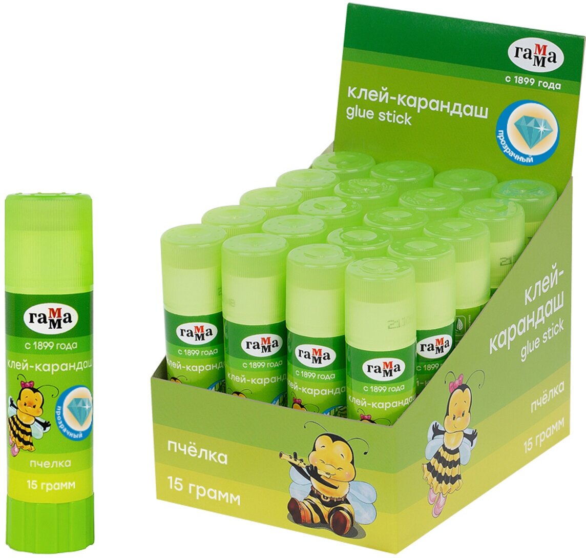 20 шт. Клей-карандаш Гамма "Пчелка", 15г, прозрачный, ПВП