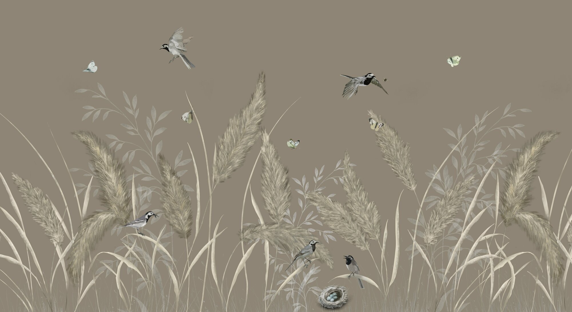 Обои бесшовные Трясогузки бежевые (в2550мм хш4000мм)