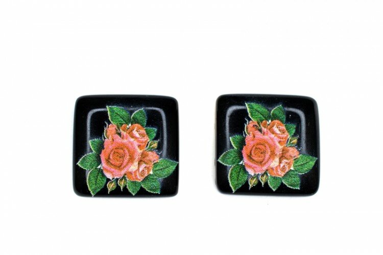 Кабошон квадратный 18х18мм, цвет черный с цветочным узором, смола, 2006-020, 2шт