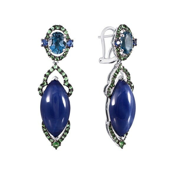 Серьги, белое золото, 585 проба, сапфир, цаворит, топаз