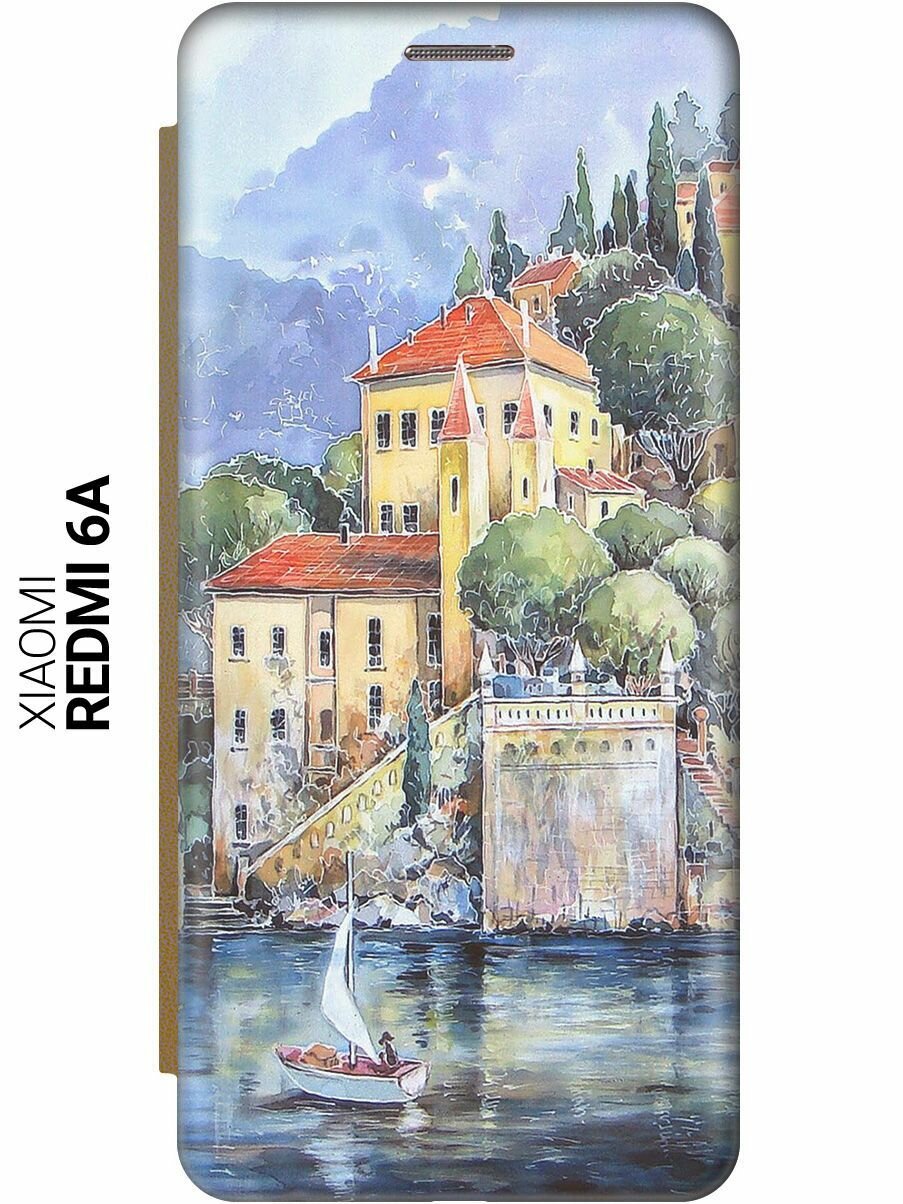Чехол-книжка на Xiaomi Redmi 6A, Сяоми Редми 6А c принтом "Город у моря" золотистый