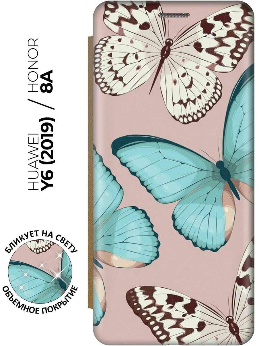Чехол-книжка Бабочки на Honor 8A / 8A Pro / Huawei Y6 (2019) / Y6 Prime (2019) / Хонор 8а / 8а Про / Хуавей У6 Прайм 2019 с эффектом блика золотой