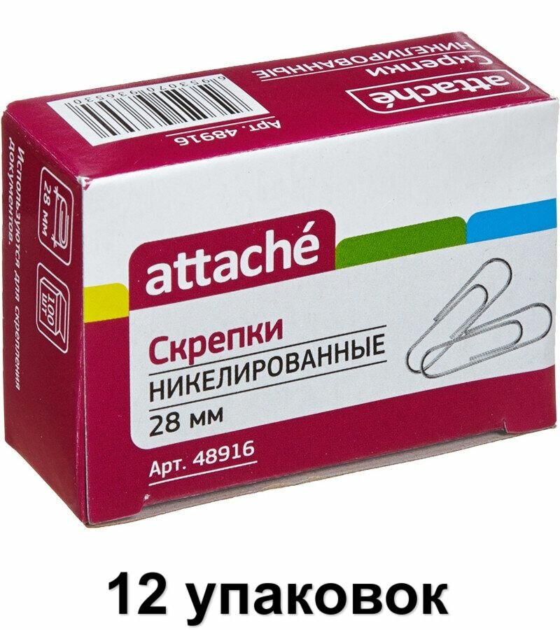 Attache Скрепки Никелированные, 28 мм, 100 шт, 12 уп/