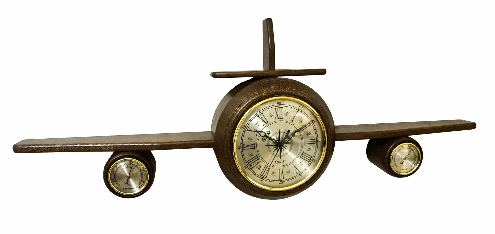 Метеостанция настенная самолёт деревянная механическая домашняя с часами смич БМ26 часы самолёт массив дерева размер 94х35х13см