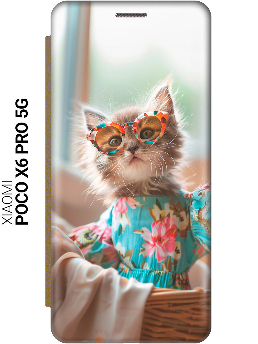 Чехол-книжка на Xiaomi Poco X6 Pro 5G / Сяоми Поко Х6 Про 5г с рисунком "Кошечка в голубом платье" золотой