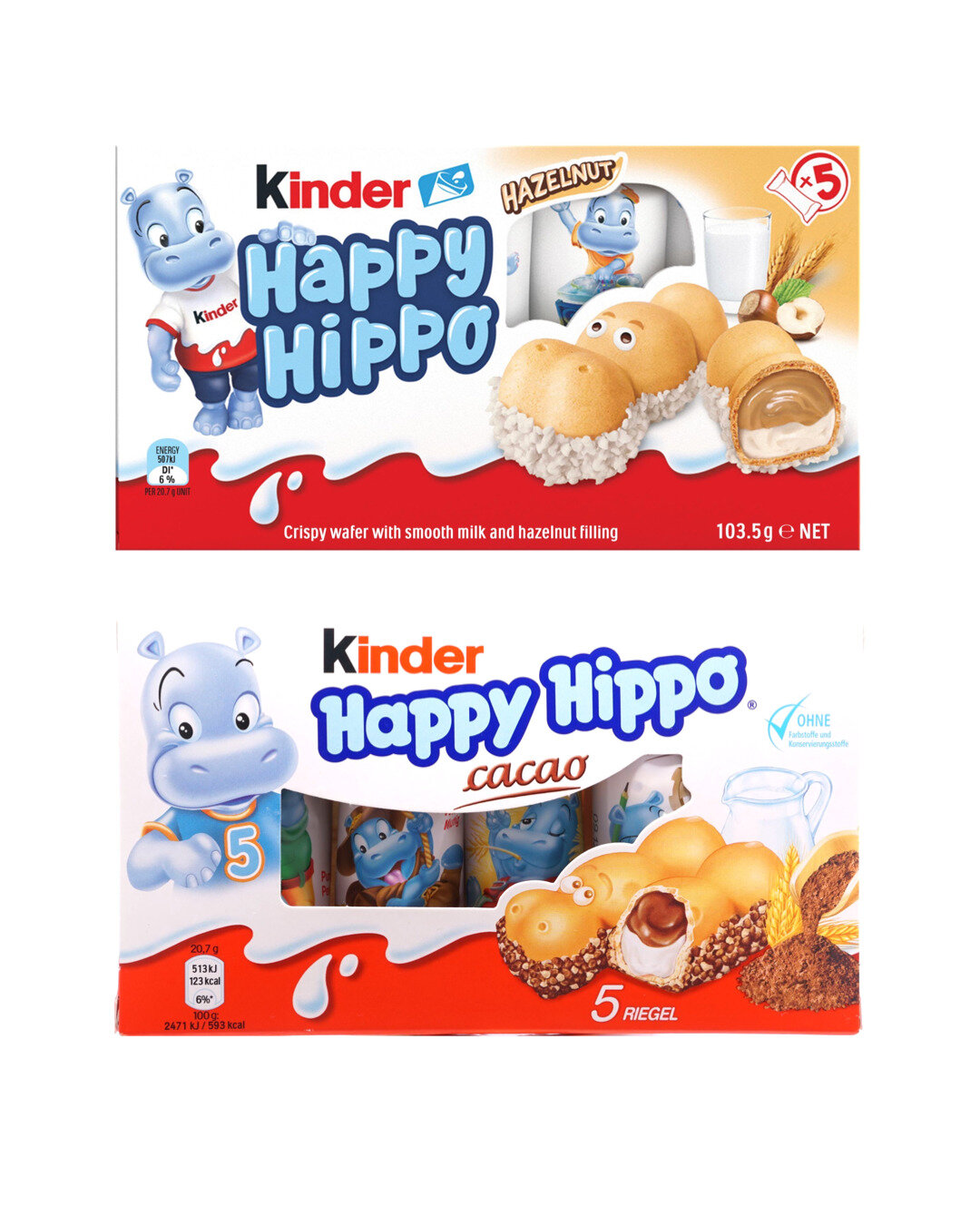 Шоколадно-молочное печенье Kinder Happy Hippo Cacao 2 вкуса (Германия), 2шт. По 104 г