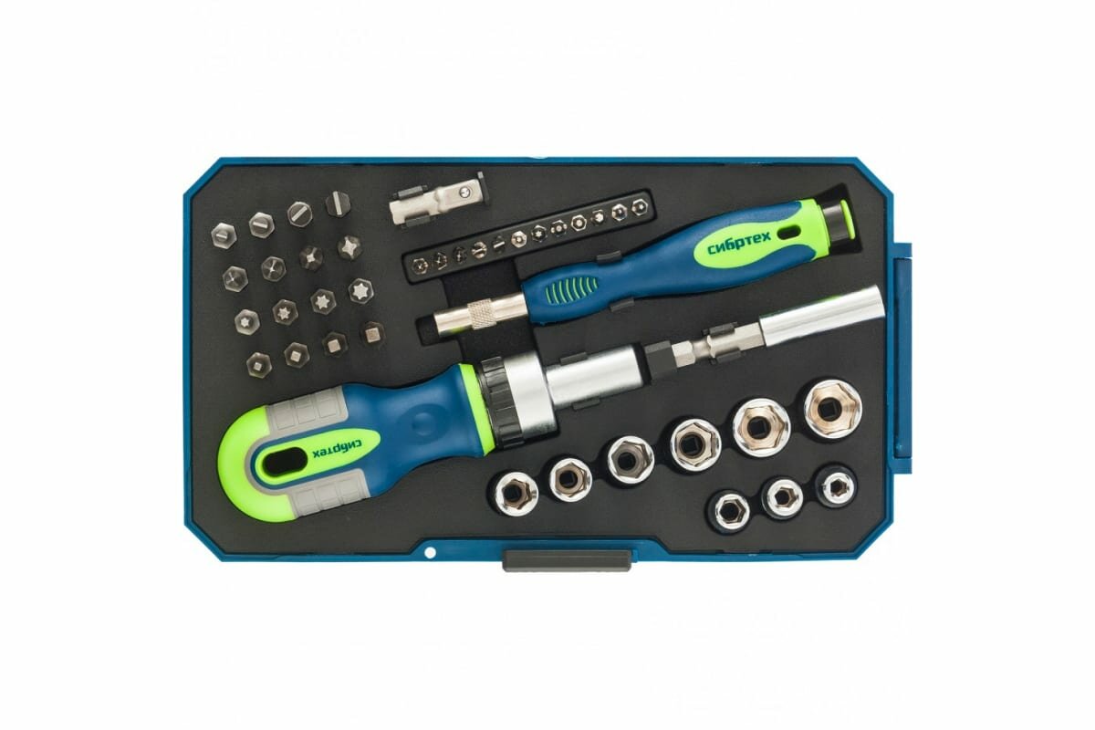 СИБРТЕХ Отвертки реверсивные с набором бит и торцевыми головками, 41 шт 13338