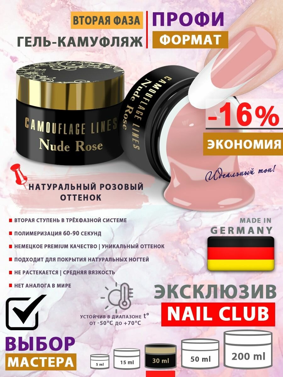 Камуфлирующий гель для ногтей CAMOUFLAGE LINES Cover Nude Rose, 30 мл