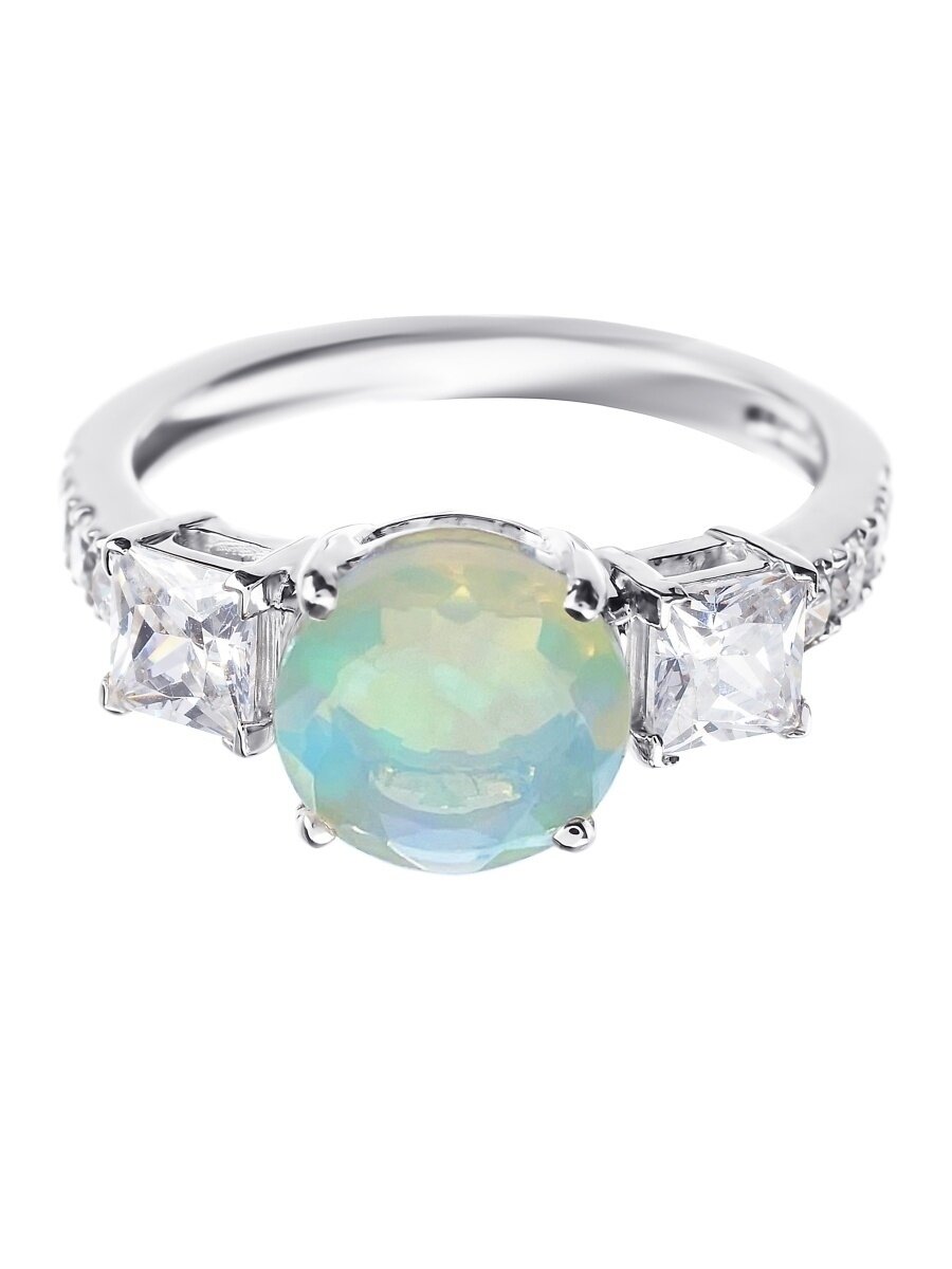 Кольцо KAPLI jewelry, серебро, 925 проба, родирование, опал, фианит, размер 17.5, ширина 2 мм, серебристый/белый — фото 1