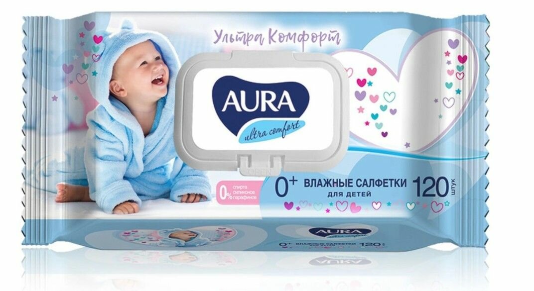 Aura Влажные салфетки для детей с экстрактом алоэ и витамином Е с крышкой Ultra Comfort, 120 шт